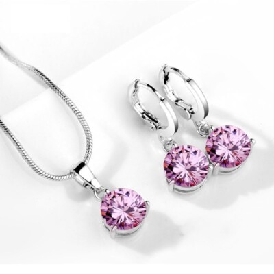 Silver Plated Women's Girls Fashion Necklace Crystal Pendant Earring ...