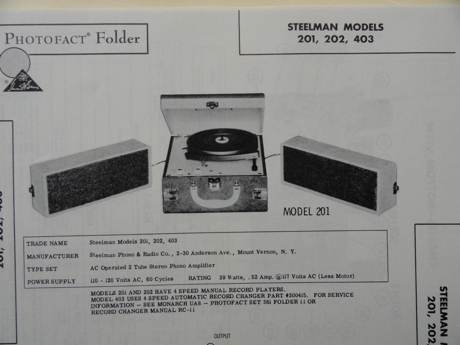 Original Sams Photofact Manual STEELMAN MODELS 201, 202, 403 (506) | eBay