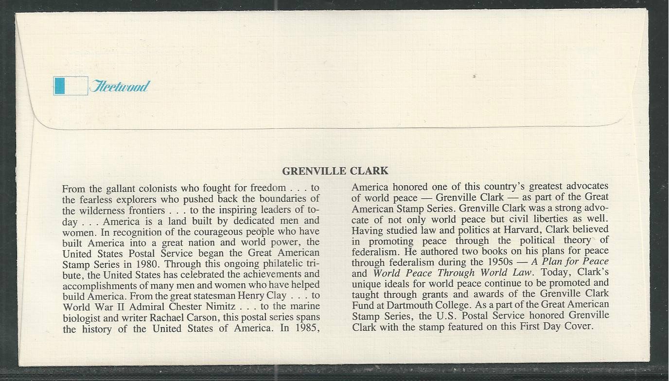 # 1867 GRENVILLE CLARK, GREAT AMERICAN SERIES 1985 FLEETWOOD First Day ...