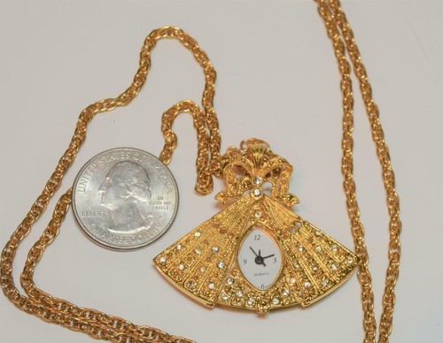 Vtg Lind 14k gold plated with CZ pendant necklace quartz watch runs new ...