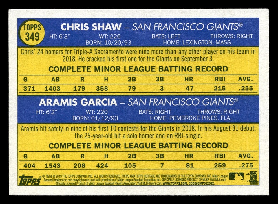 Giants 2019 Rookie Stars (Chris Shaw / Aramis Garcia) 2019 Topps ...