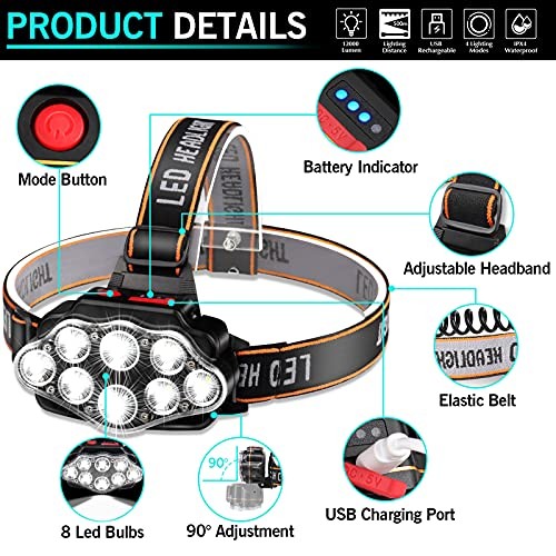 Headlamp LED Rechargeable, High Lumen Bright Head Lamp with 8 LED, USB ...