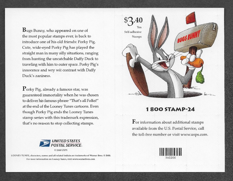 US Scott #3535 MNH That's All Folks! Porky Pig Pane of 10 Imperf Single SCV $50 | eBay