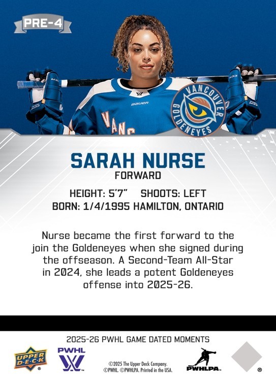 PWHL Vancouver Goldeneyes Sarah Nurse Upper Deck #PRE-4 PRESALE 2025-26 ...