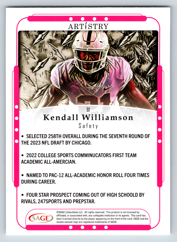 Kendall Williamson 2023 Sage Artistry RC #81 Chicago Bears Rookie | eBay