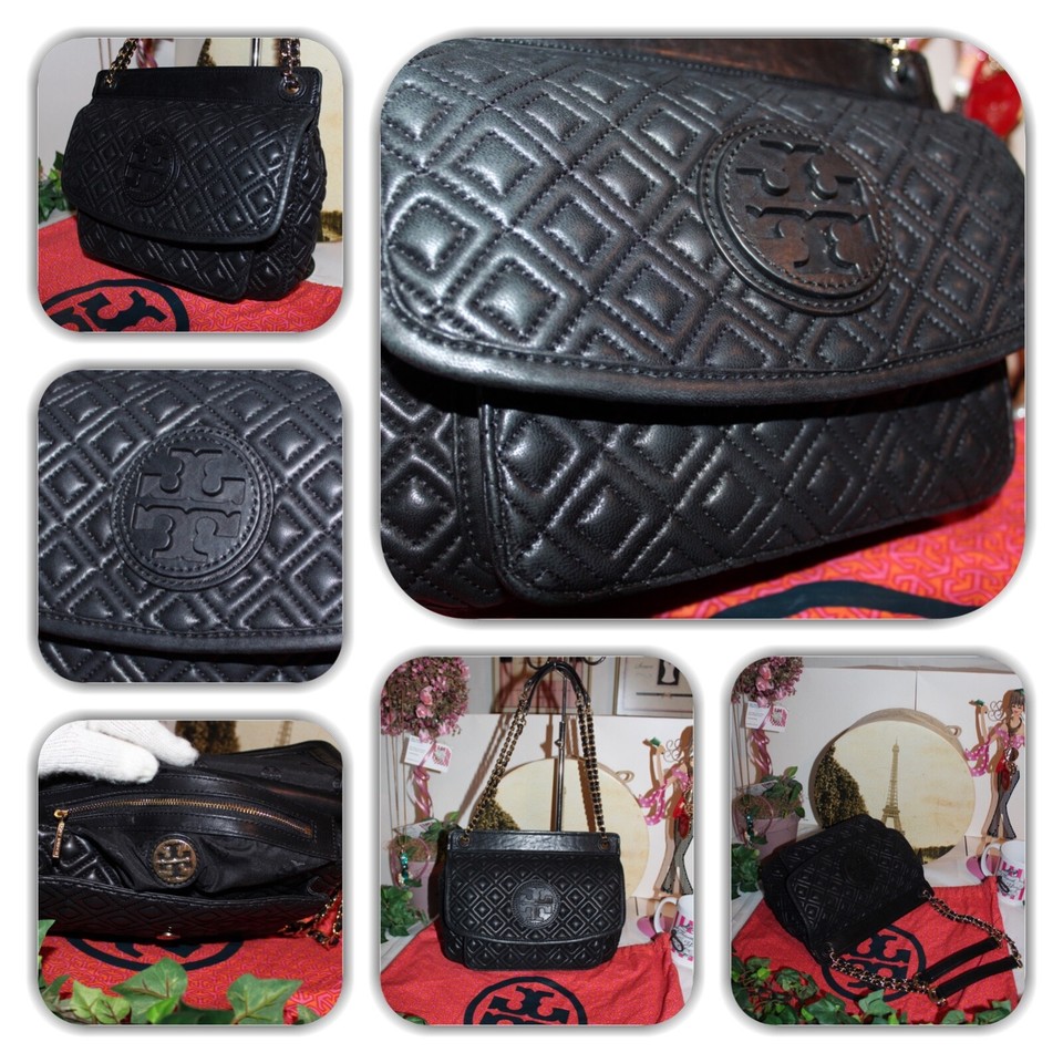 POSH TORY BURCH BLACK LEATHER FLEMING LARGE T LOGO DOUBLE GOLD CHAIN ...