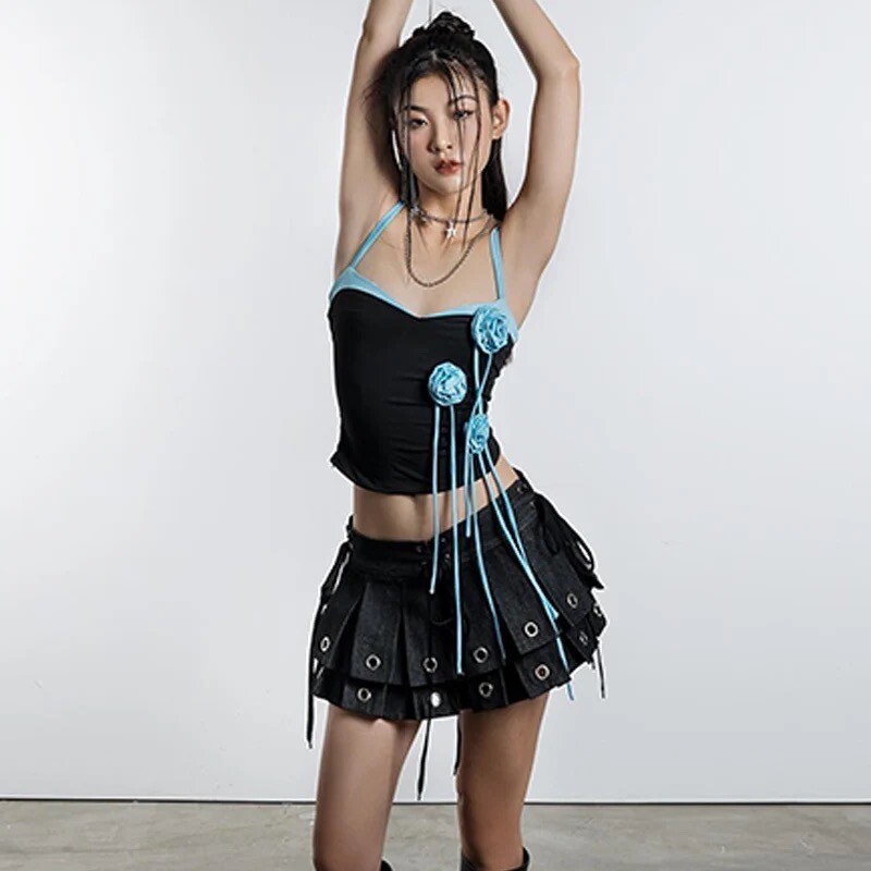 ROSE APPLIQUE Y2K CAMI SPAGHETTI STRING TOP BALLET CORE RIBBON SATIN ...