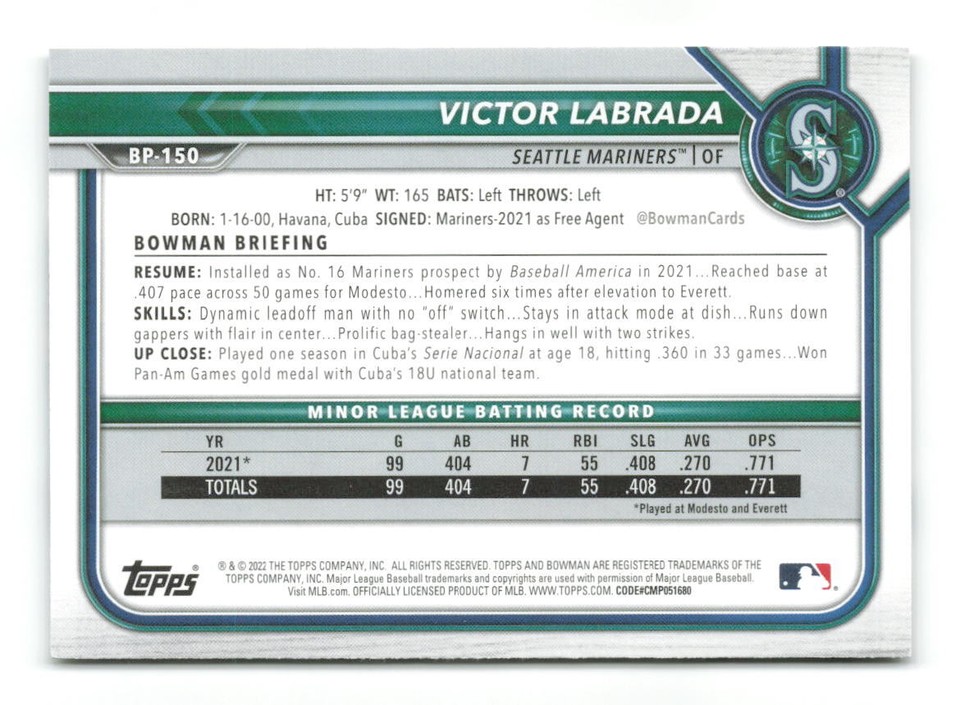2022 Bowman Victor Labrada #BP-150 Prospects 1st Bowman Seattle ...