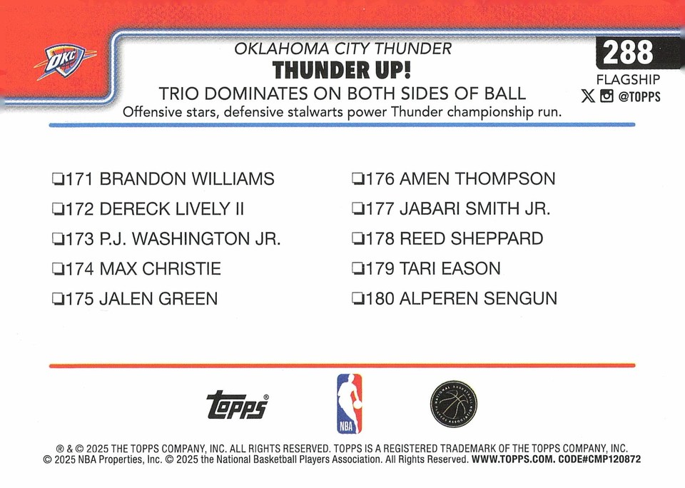 2025-26 Topps Thunder Up! Oklahoma City Thunder NBA Basketball Shai ...