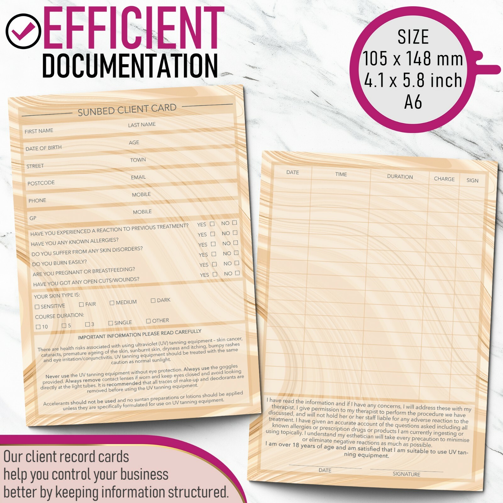 Sunbed Client Record Card Consultation Form PREMIUM Tanning Salon x50 ...