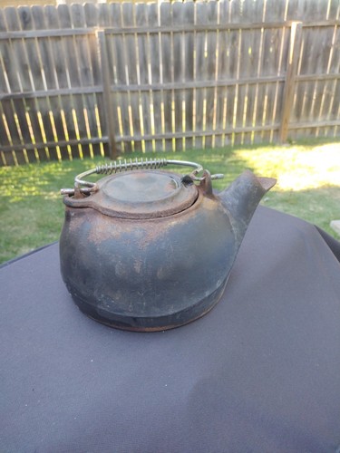 #1 Vintage Cast Iron Tea Kettle Coffee Pot Swivel Lid Bird Spout handle ...