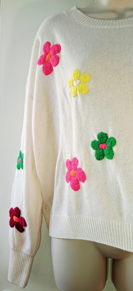 BRODIE CREAM IVORY DAISY EMBROIDERY CASHMERE KNITTED SWEATER JUMPER ...