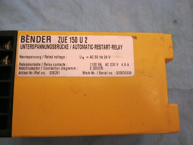 Bender Model Zue150-u2 Automatic-restart-relay. Rated Voltage 50hz 24v ...