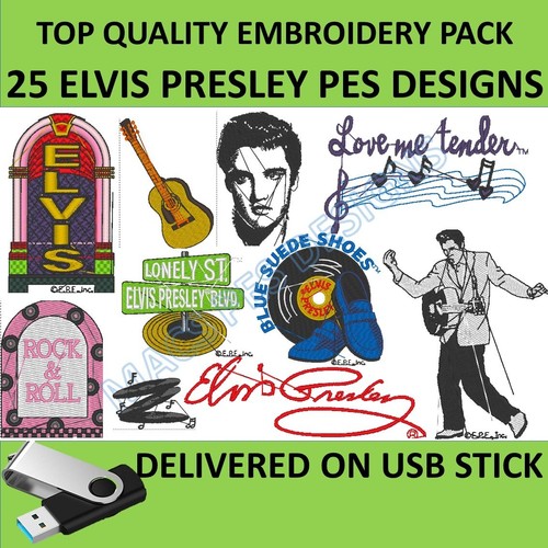 Elvis Presley 25 PES designs on USB Machine Embroidery files the king ...