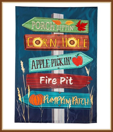 EVERGREEN GARDEN FLAG * FALL SIGNS * EMBELLISHED APPLIQUE' BURLAP ...