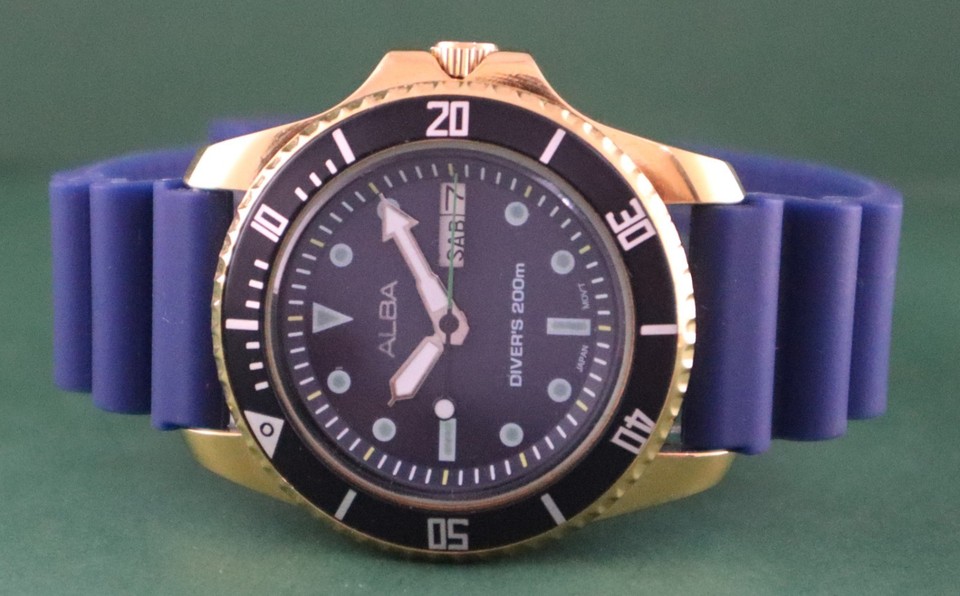 ALBA Diver Automatic Men Rotating Bezel Blue Dial D/D Rubber Band ...