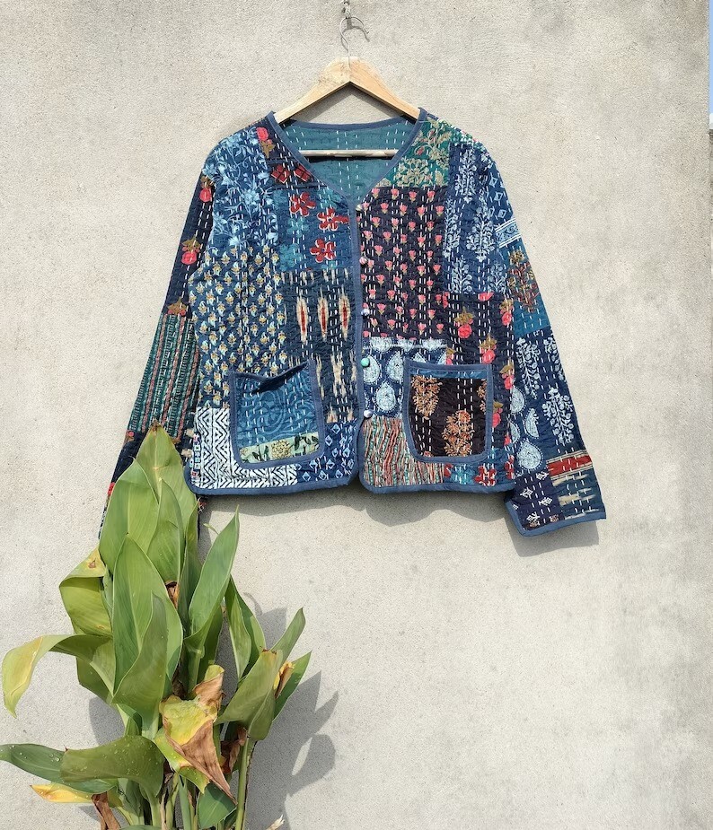 Indian Navy Blue Patchwork Print Cotton Quilted Jacket Unisex Party ...
