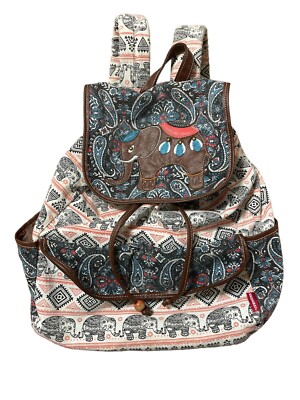 Vintage Unionbay Elephant Print Vegan Leather Canvas Boho Backpack | eBay