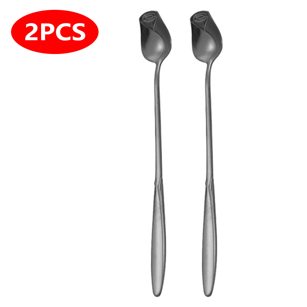 2PCS Coffee Spoon Stainless Steel Teaspoons Rose Flower Shaped Scoop ...