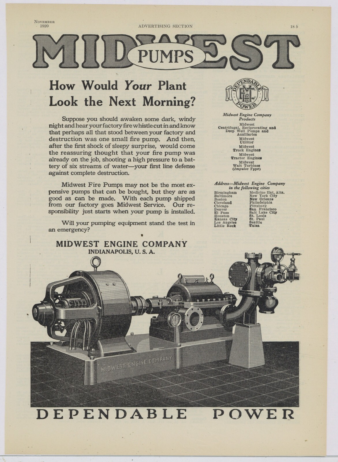 1920 Midwest Engine Co. Ad: Fire Pumps for Factory Use - Indianapolis ...