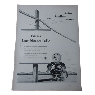 1942 Bell Telephone System - Long Distance Cable - Vintage Print WW2 Ad ...
