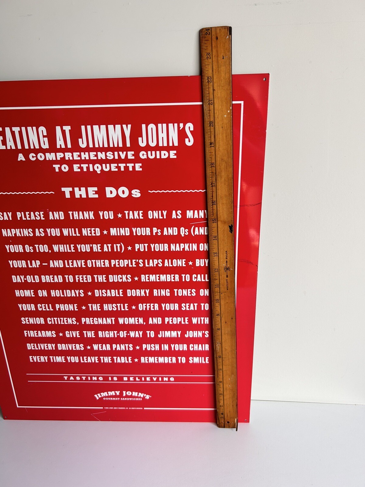 Authentic Jimmy Johns Etiquette THE DO'S Red Metal Tin Sign 22"h x 17. ...