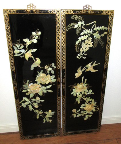 Set 36" Oriental Asian Shell Art Panel Picture Plaque Black Lacquer ...