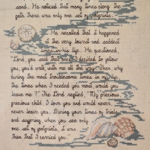 Embroidery Cross Stitch FOOTPRINTS IN THE SAND Poem Completed Framed ...