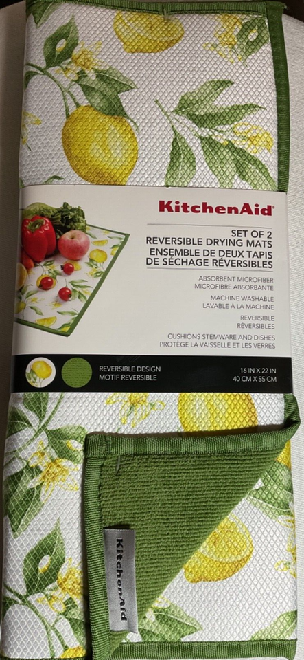 KITCHENAID REVERSIBLE DRYING MATS 2 PACK WHITE YELLOW LARGE LEMONS 16 X ...