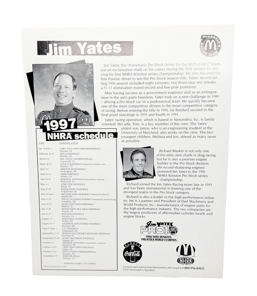 Jim Yates McDonald's Racing Team 1997 Official NHRA Souvenir 8" X 10 ...