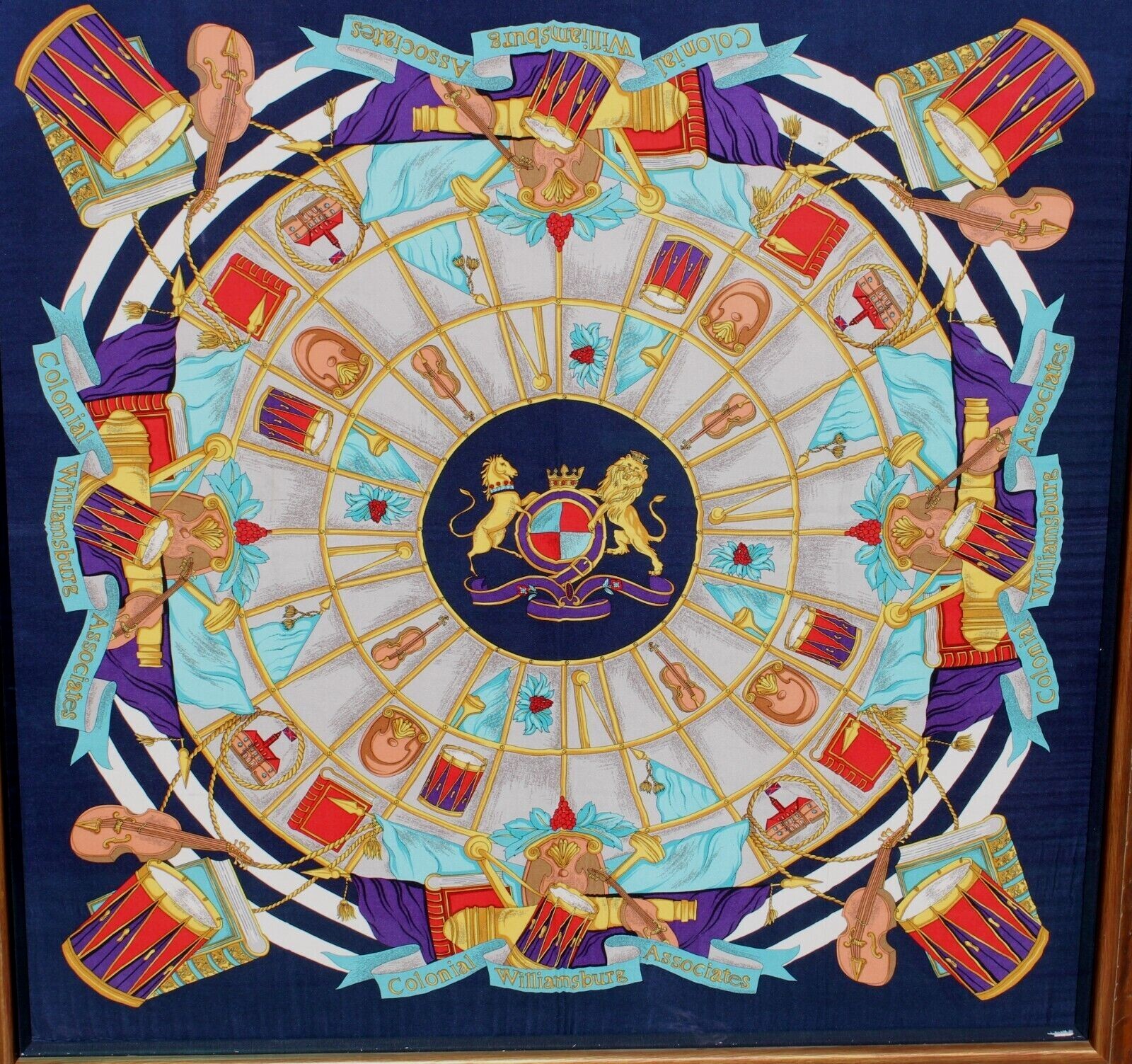 COLONIAL WILLIAMSBURG ASSOCIATES Framed Silk Scarf Lions & Musical ...
