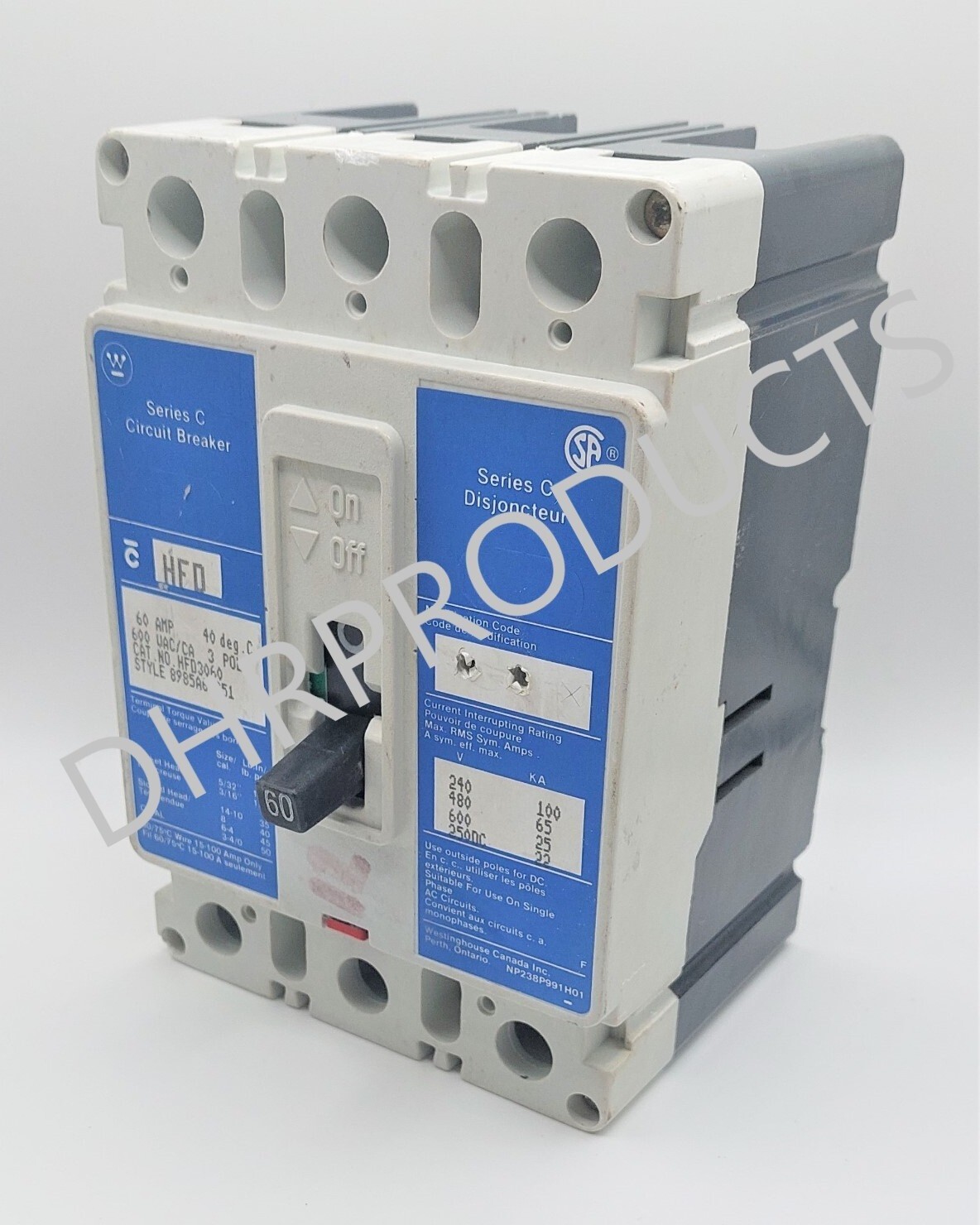 WESTINGHOUSE CUTLER HAMMER HFD3060 60 AMP 600 VOLT CIRCUIT BREAKER 65kA ...