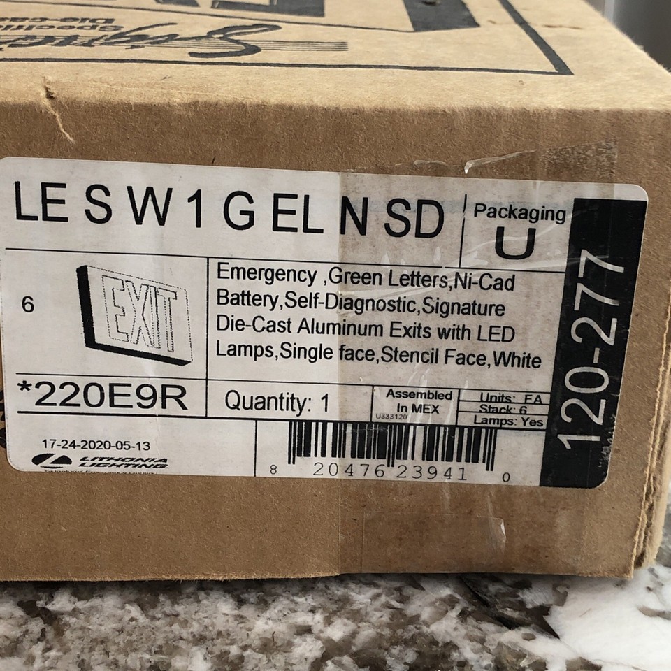 Emergency Exit LED Sign Lithonia Lighting LE S W 1 G EL N SD 120-277 ...