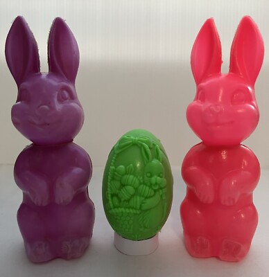 3 Vintage Easter Candy Containers 2 Blow Mold Bunnies 6" Hard Plastic ...