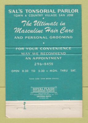 Matchbook Cover - Sal's Tonsorial Parlor Hair Care San Jose CA 40 ...