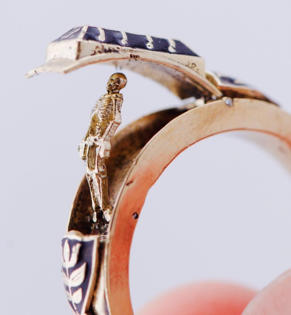 Antique MECHANICAL Automaton Ring Memento Mori Gold E… - Gem