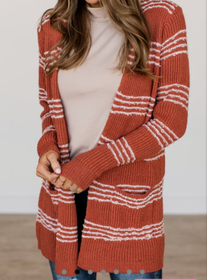 Women's Long Sleeve Rust Textured Stripe Print Open Front Cardigan S | eBay
