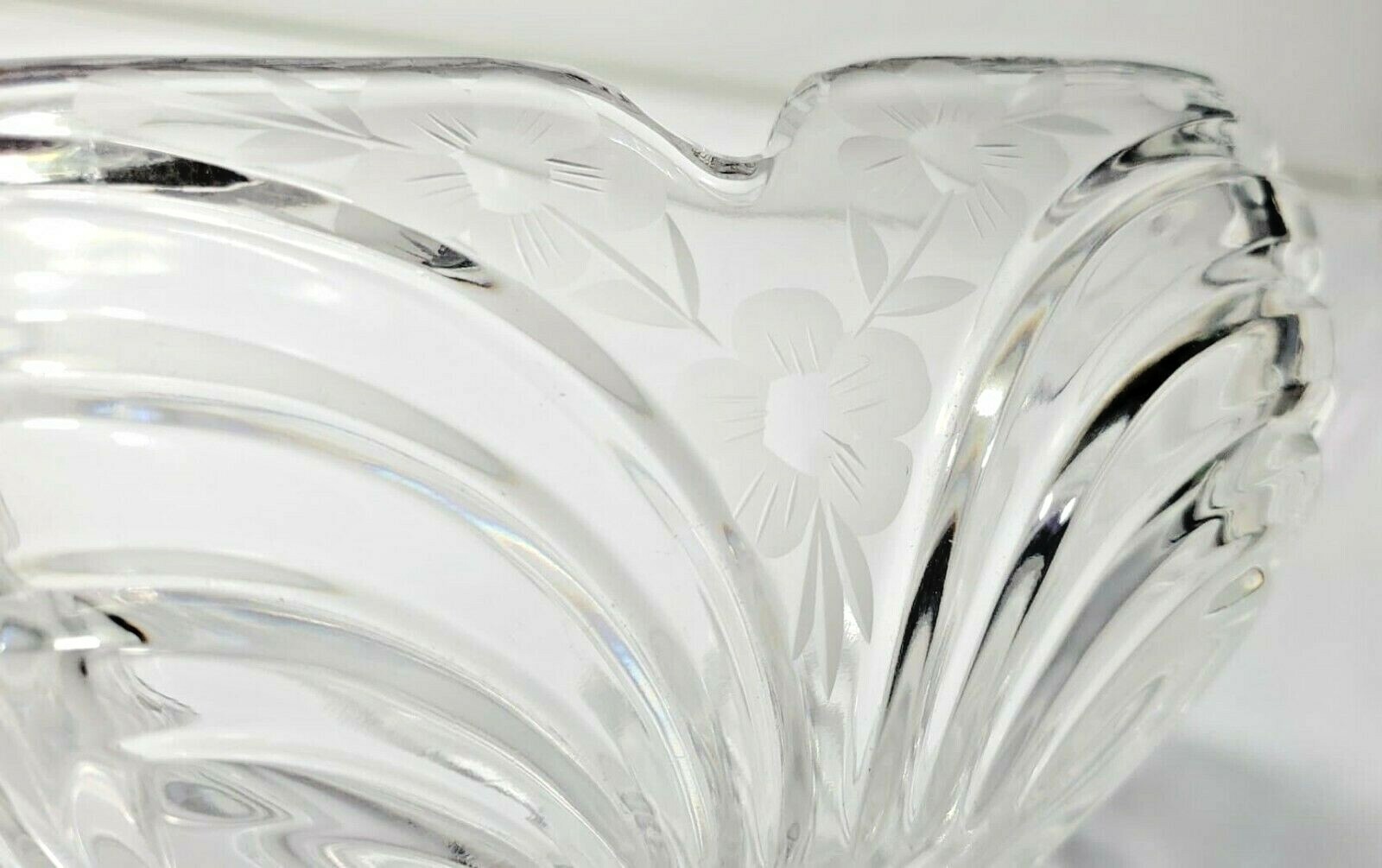 VINTAGE CRYSTAL SQUARE CLEAR GLASS COMPOTE ETCHED FROSTED FLOWERS HEAVY ...