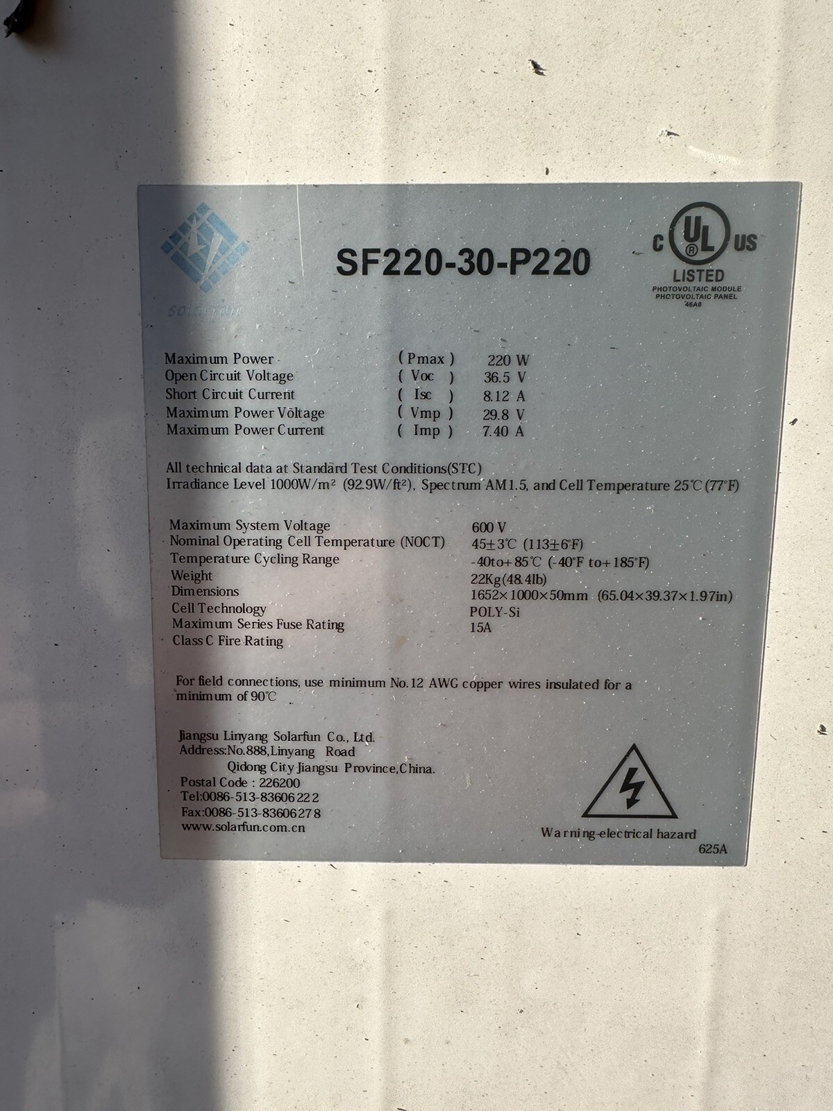 SolarFun 220 Watt Solar Panel SF220-30-P220 Only $0.50/ Watt Pickup ...