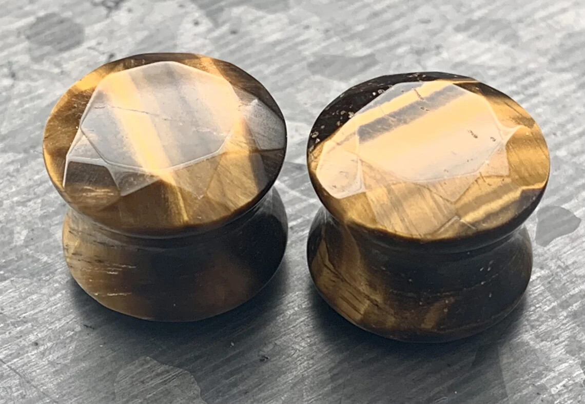 PAIR Faceted Tigers Eye Stone Plugs Gauges Natural Organic Body Jewelry ...
