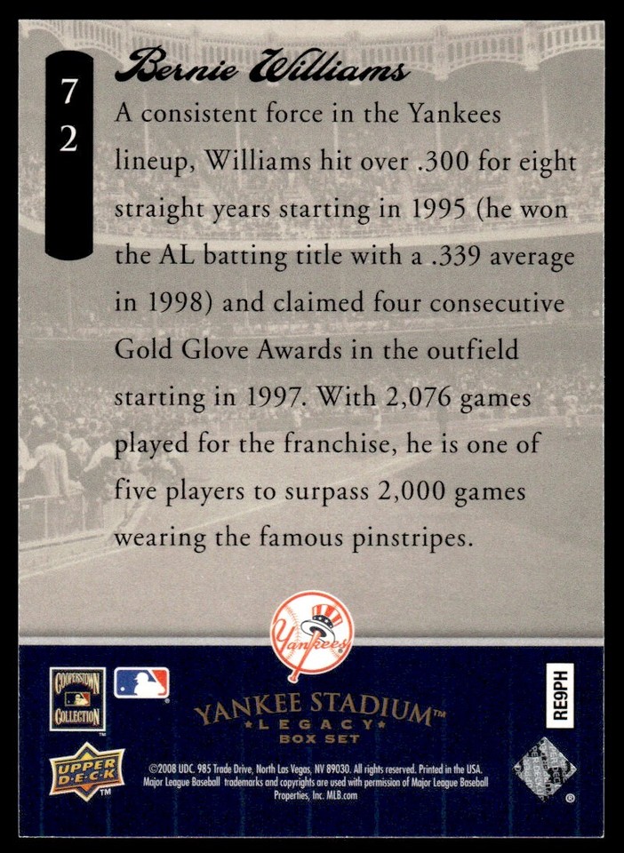 2008 Upper Deck Yankee Stadium Legacy Bernie Williams New York Yankees ...