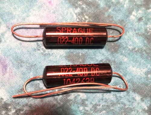 2 VINTAGE NOS SPRAGUE BLACK BEAUTY CAPACITORS .022uf@400V- MYLAR- 68 ...