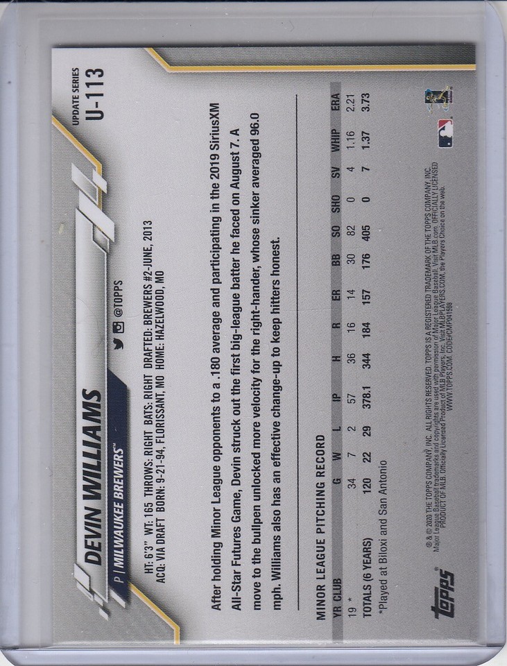 2020 Topps Update Devin Williams Rookie Card NL ROY Milwaukee Brewers U ...