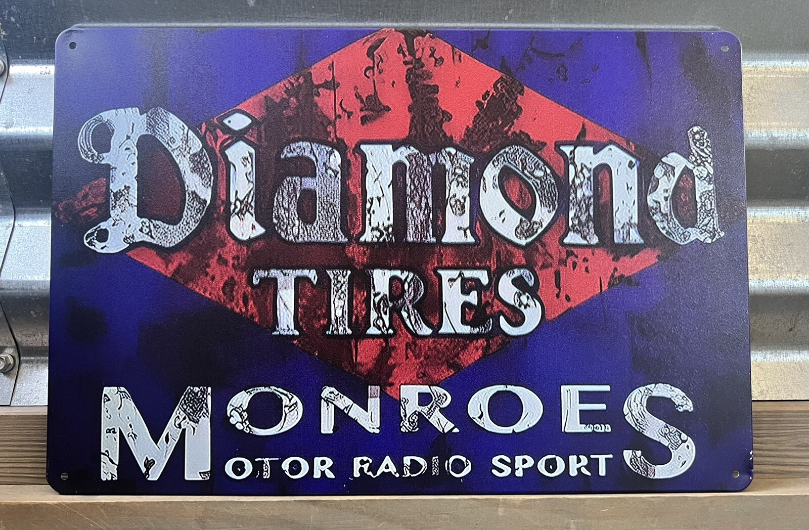 DIAMOND TIRES MONROES MOTOR RADIO SPORTS TIN SIGN 8"X12' DISTRESSED ...