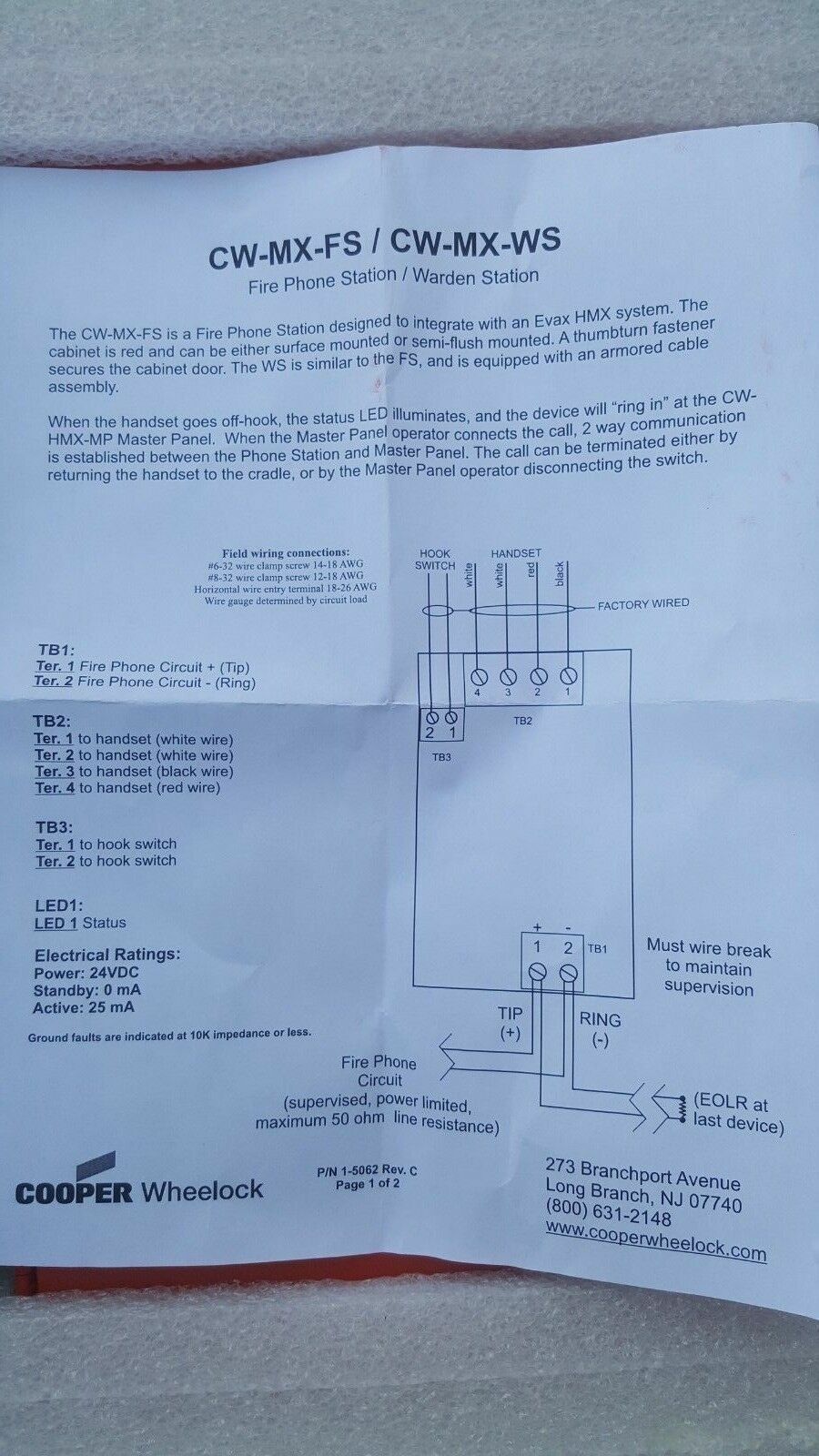 COOPER WHEELOCK EMERGENCY TELEPHONE HIGH VOICE EVACUATION SYSTEM CW-MX ...