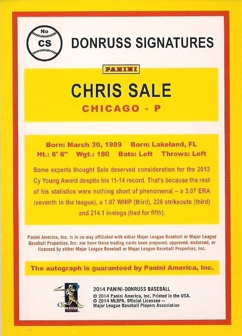 CHRIS SALE 2014 Panini Donruss Signatures Autograph Auto Atlanta Braves ...