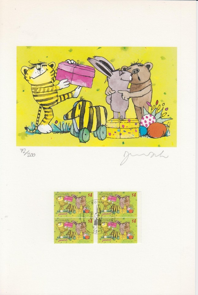 Janosch Art 2x Graphic Edition Color Lithograph Collage Stamps Tiger ...
