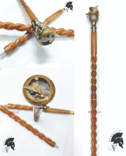 Antique Brass Designer Compass Head Handle Wooden Walking Stick Cane ...
