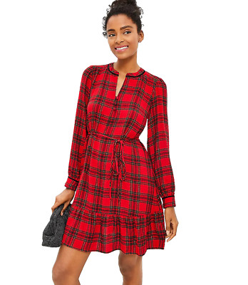 NWT New LOFT (Ann Taylor) Tango Red Shimmer Plaid Flounce Swing Dress M ...