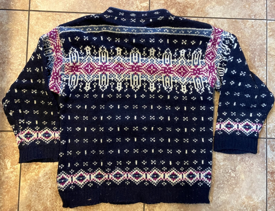 Vintage LL Bean Wool Sweater Small Navy Fair Isle Nordic Silver Button ...